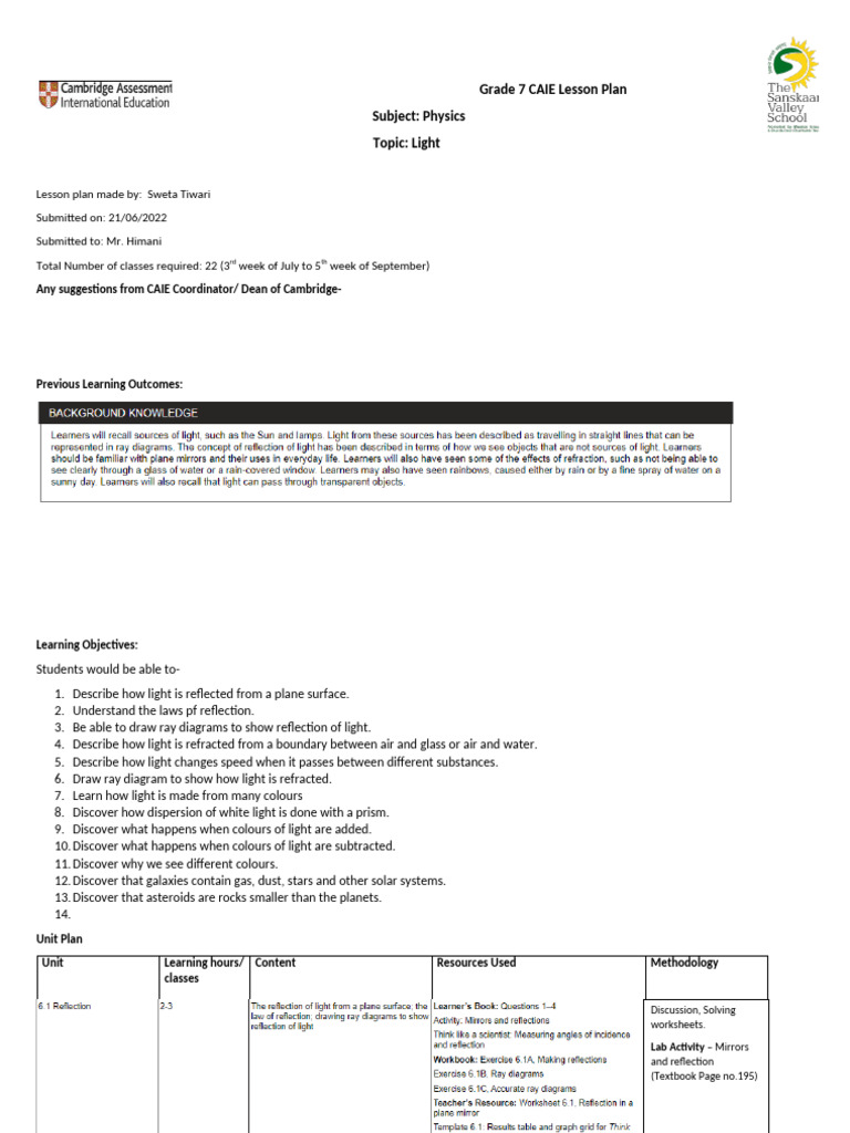 Grade 7 Physics: Light Lesson Plan | PDF | Light | Reflection (Physics)