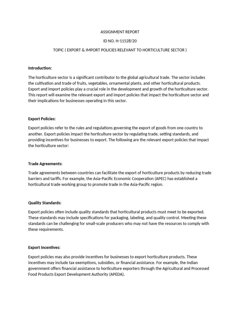 Horticulture Export & Import Policies Report | PDF | Exports | Tariff