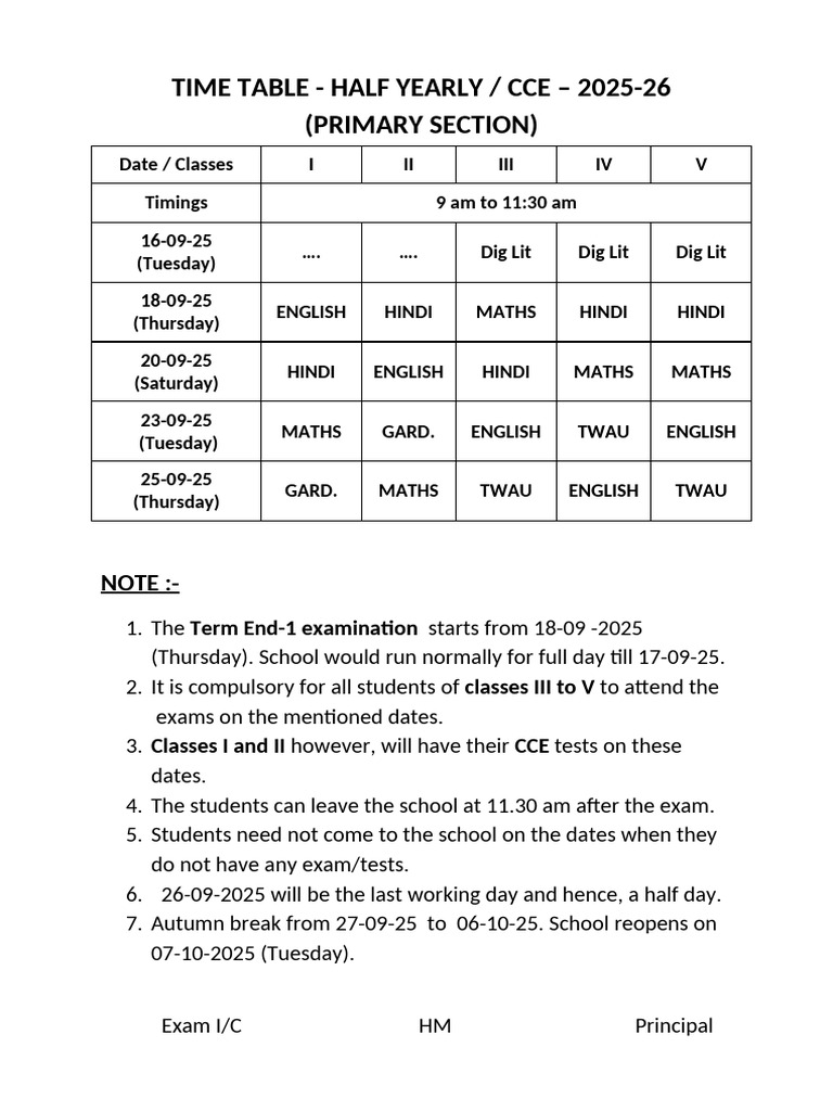 CCE Exam Time Table 2025 | PDF