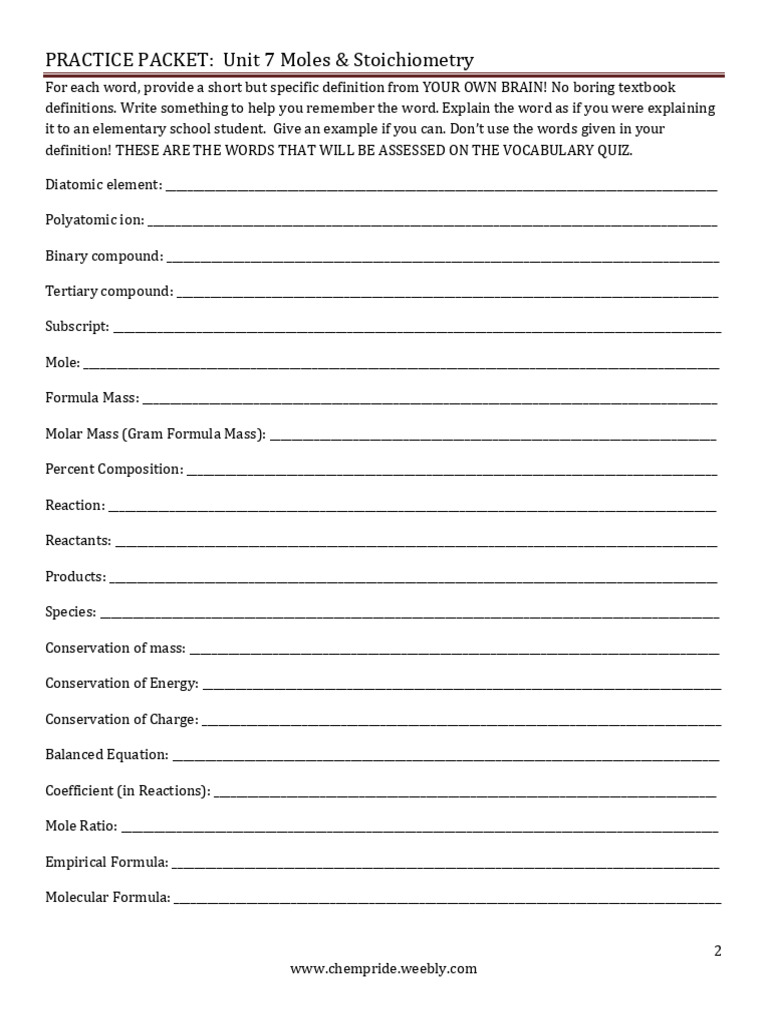 Moles & Stoichiometry Vocab | PDF | Chemical Compounds | Mole (Unit)