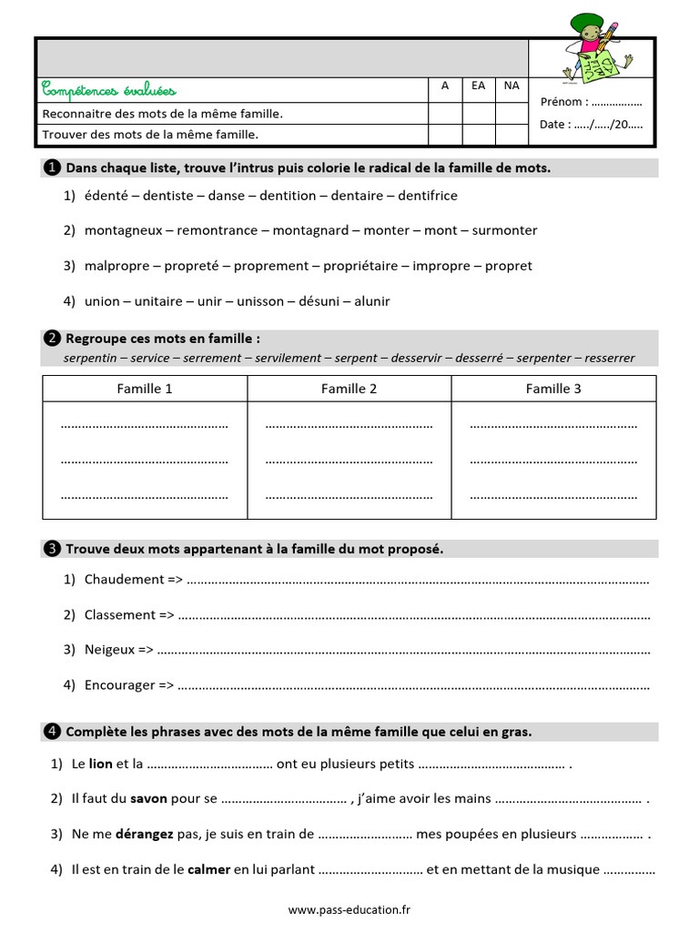 6 Evaluation CE2 Les Familles de Mots | PDF