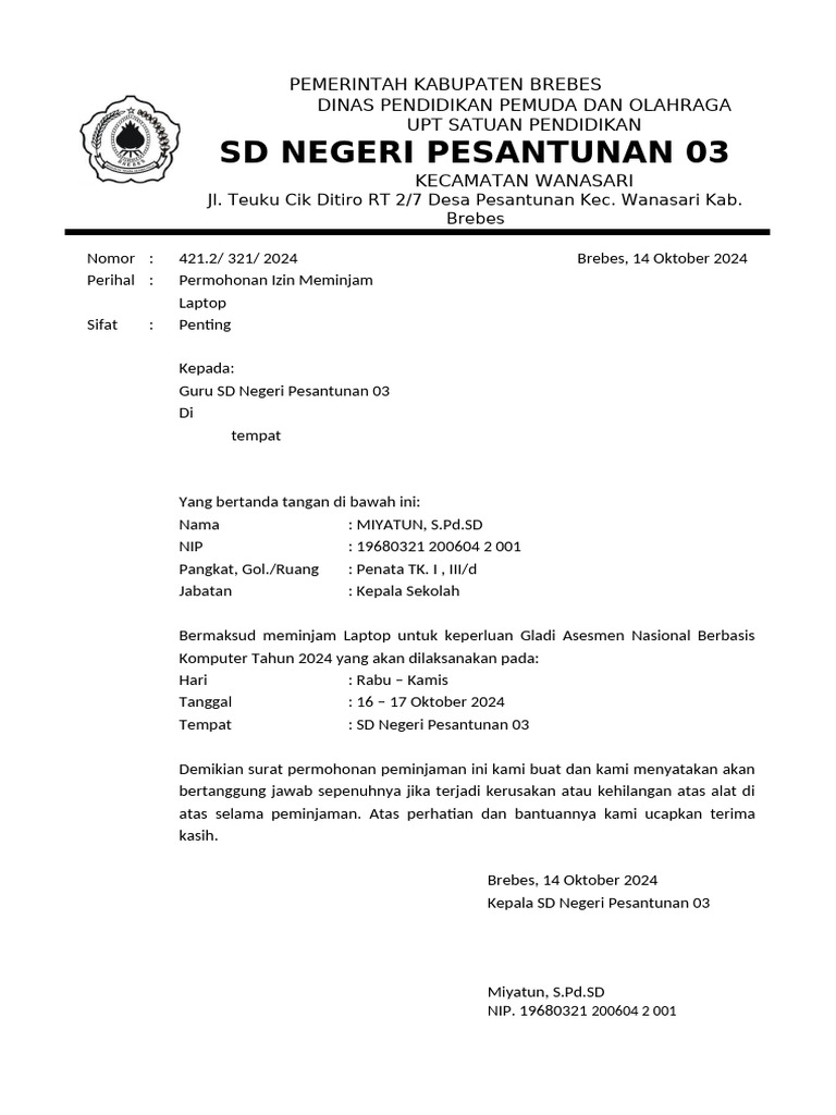 Permohonan Peminjaman Laptop SD Pesantunan | PDF