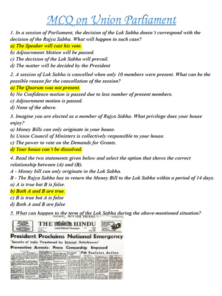 MCQs on Indian Union Parliament | PDF | Constitutional Law | Government
