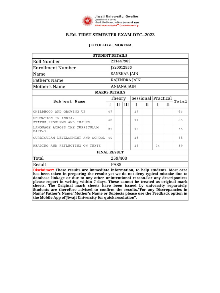 B.Ed. 1st Semester Exam Results 2023 | PDF