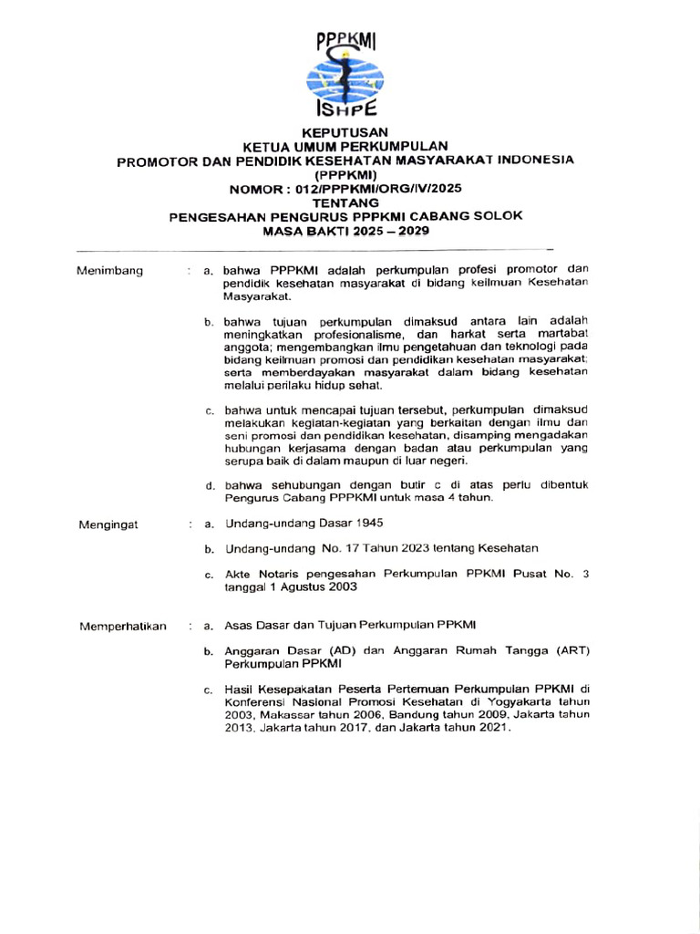 Pengesahan Pengurus PPPKMI Solok 2025-2029 | PDF