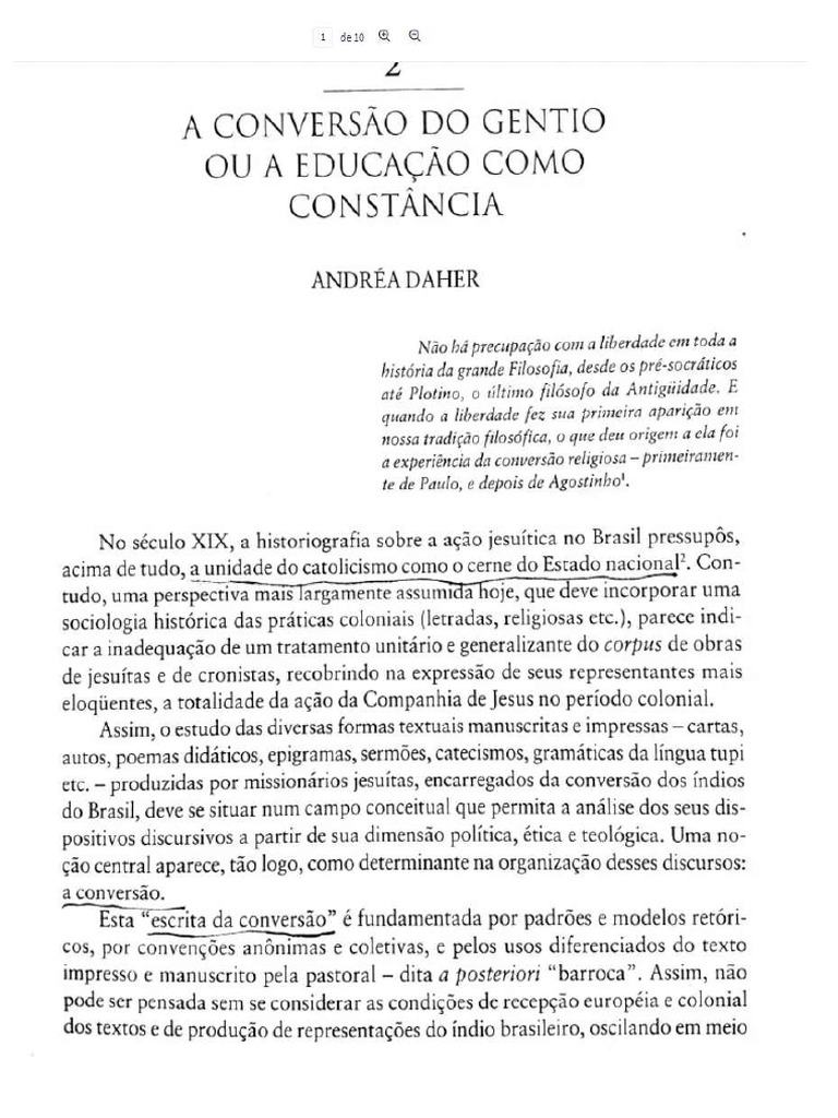 DAHER, A. A Conversão Do Gentio Ou A Educação Como Constância. | PDF