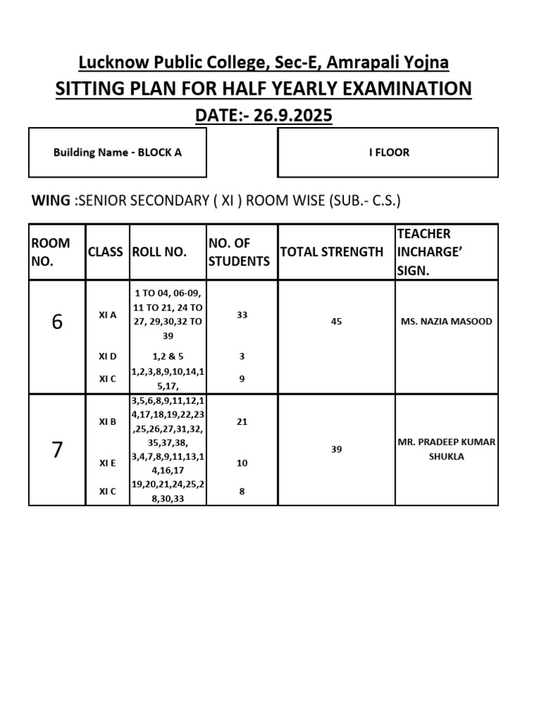 Sitting Plan (26-09-2025) | PDF