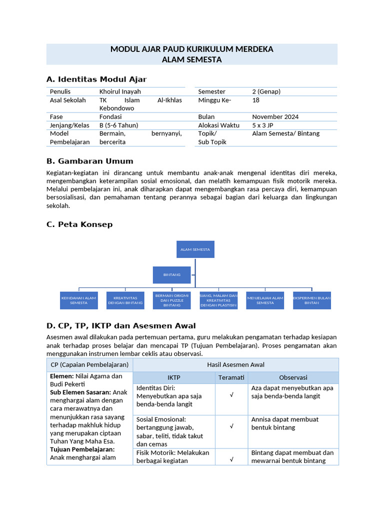 Modul Ajar PAUD: Alam Semesta dan Bintang | PDF