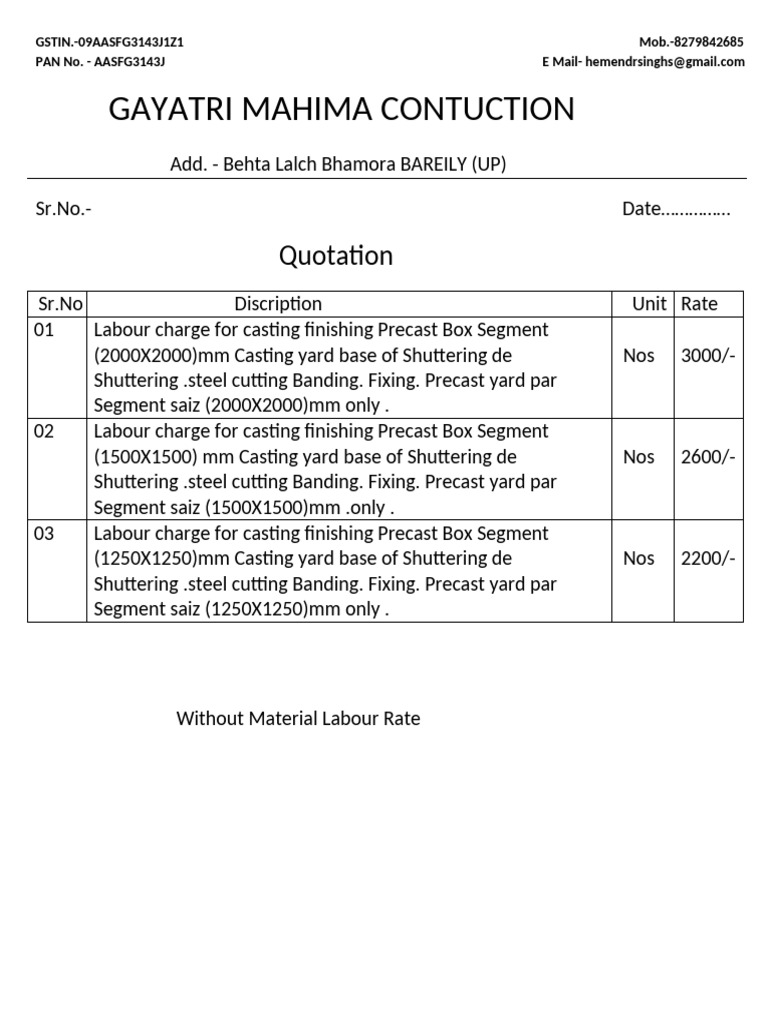 Precast Box Segment Labour Charges | PDF