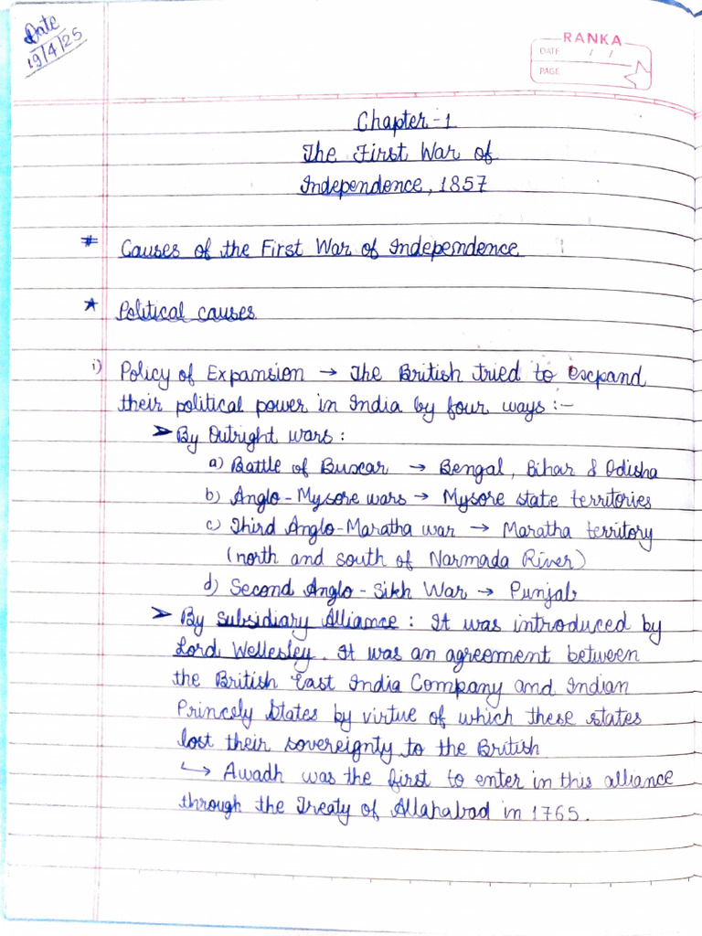 History Chapter 1 (The First War of Independence, 1857) Notes by Satyam ...