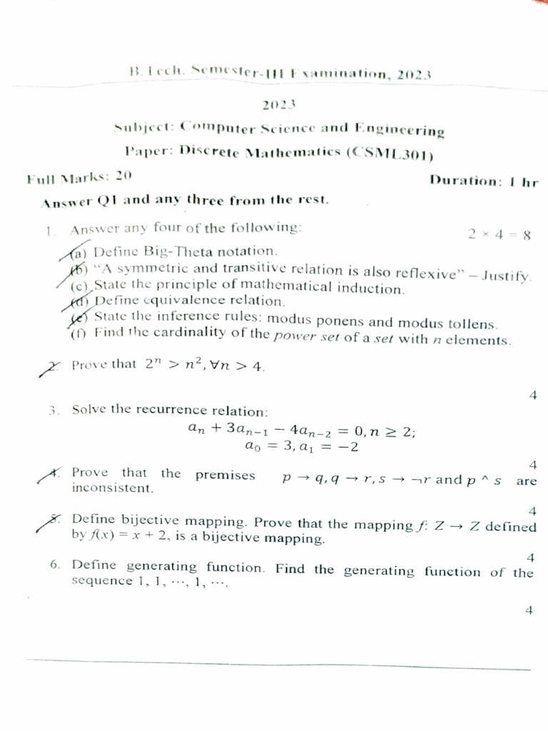 Discrete Mathematics Exam Paper 2023 | PDF