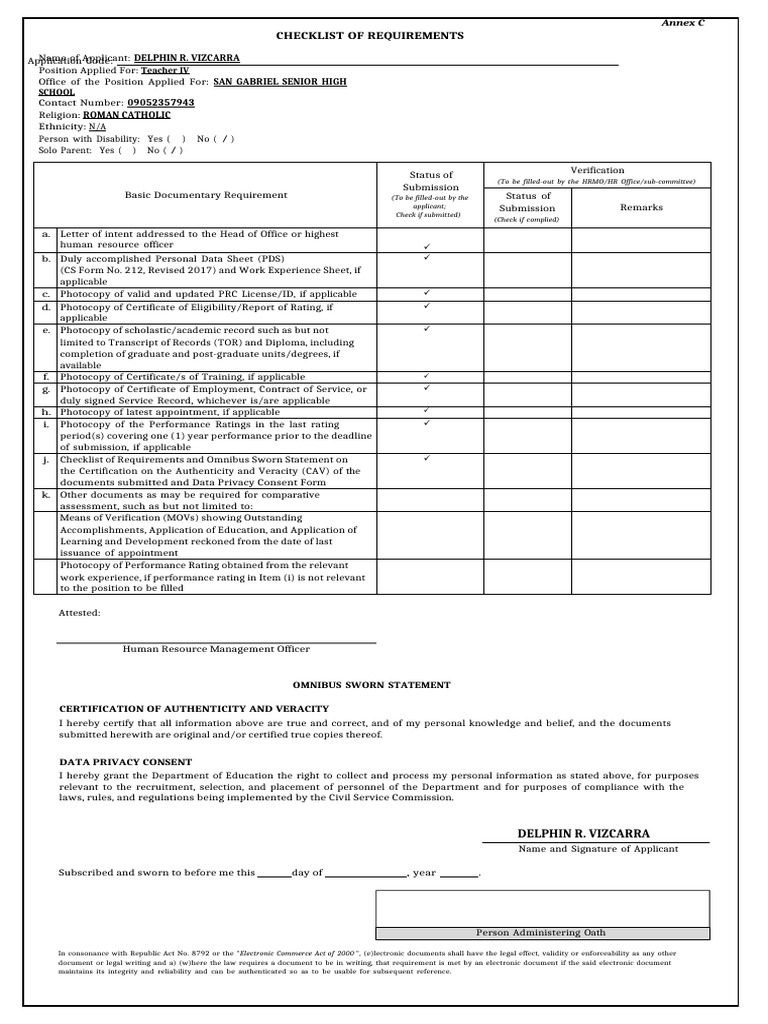 Teacher IV Application Requirements Checklist | PDF | Authentication