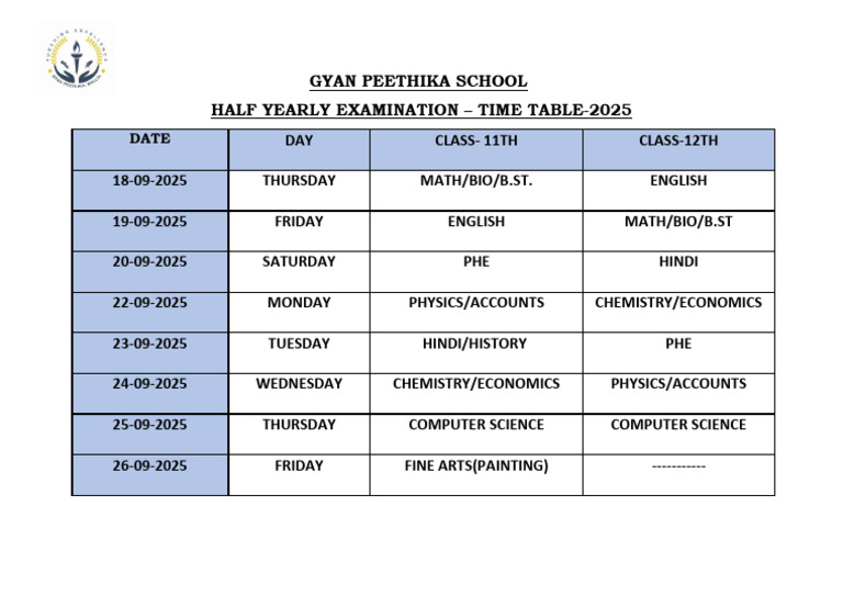 Half Yearly Examination Time Table-11th & 12th | PDF