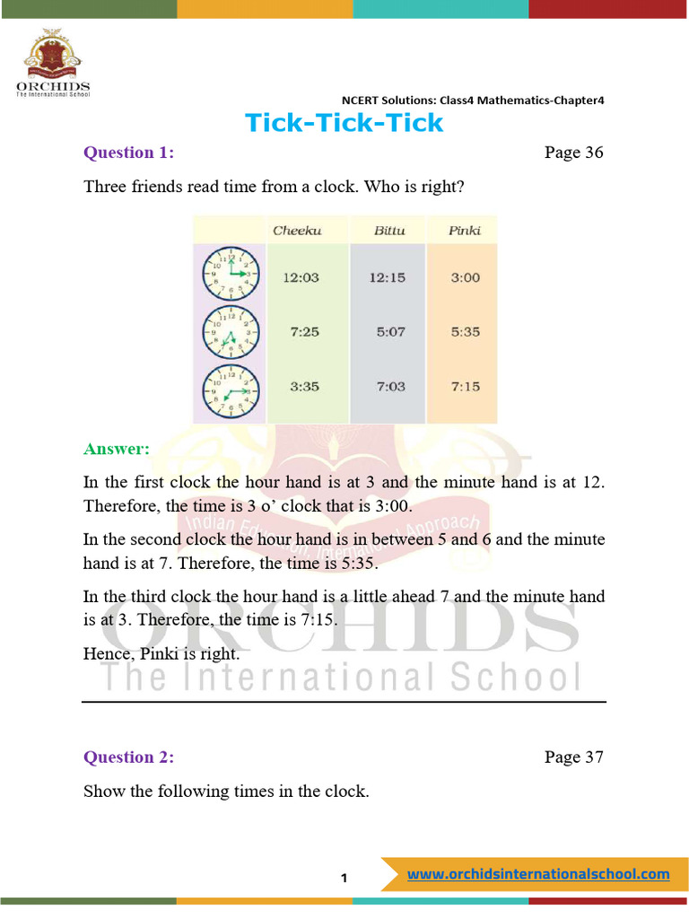 NCERT Solutions Maths Tick Tick Tick | PDF | Sunset | Clock