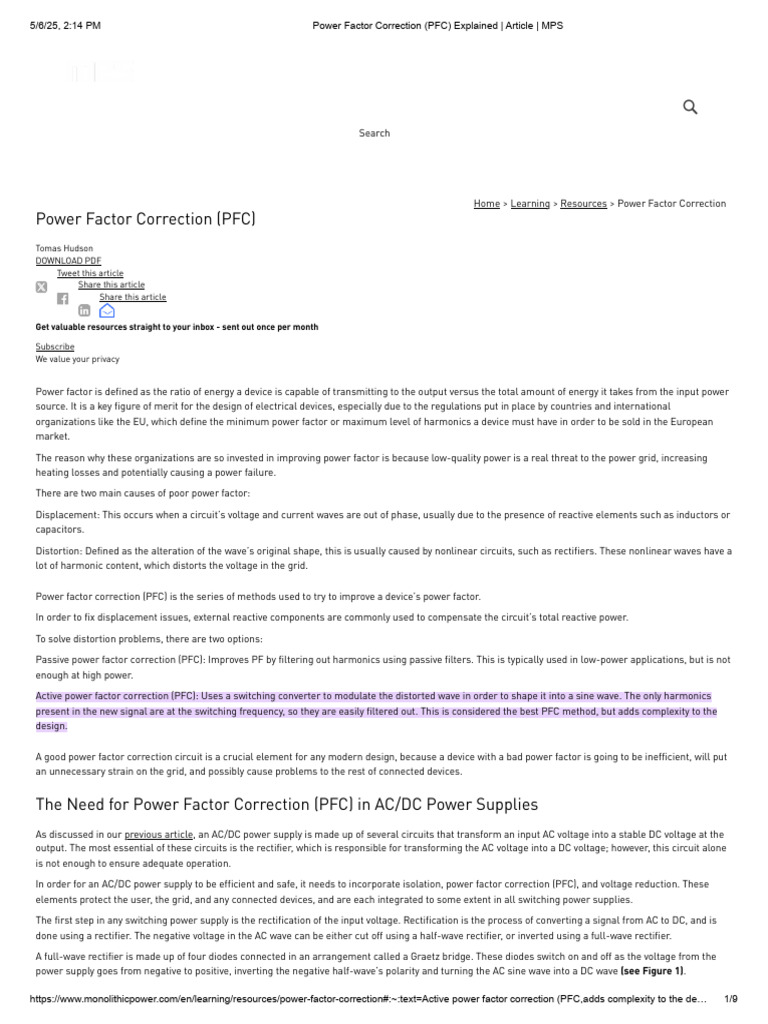Power Factor Correction (PFC) Explained - Article - MPS | PDF | Ac Power | Rectifier
