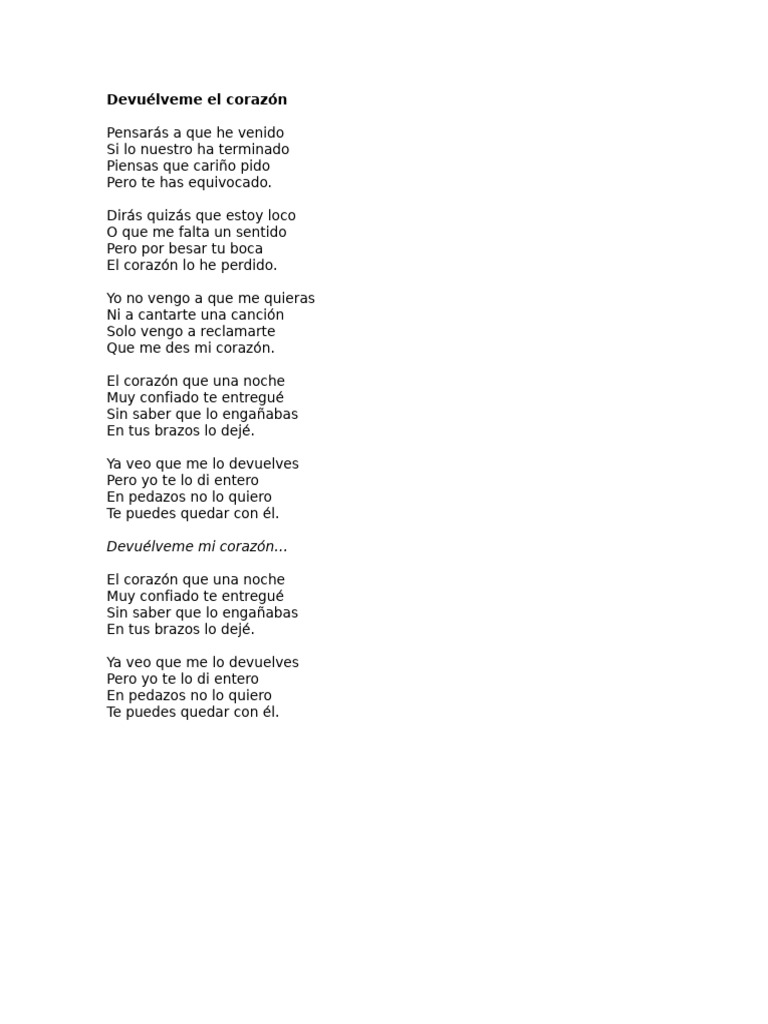 Letra - Devuélveme El Corazón | PDF
