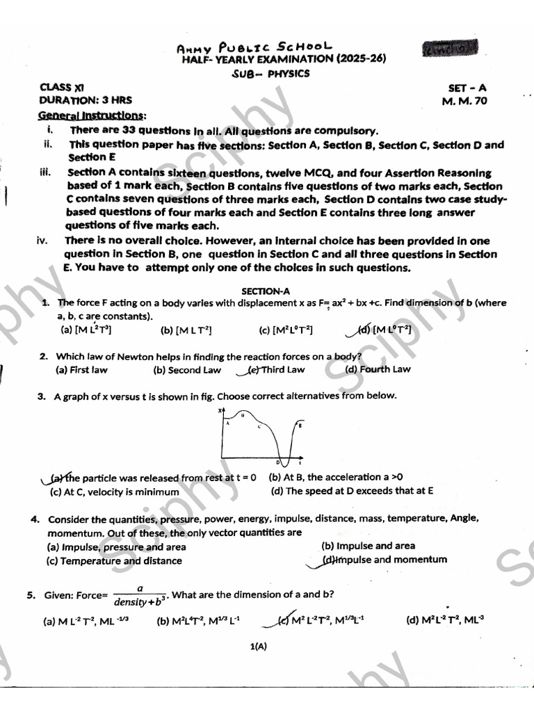 Army School 11 Physics Hy 2025-26 | PDF