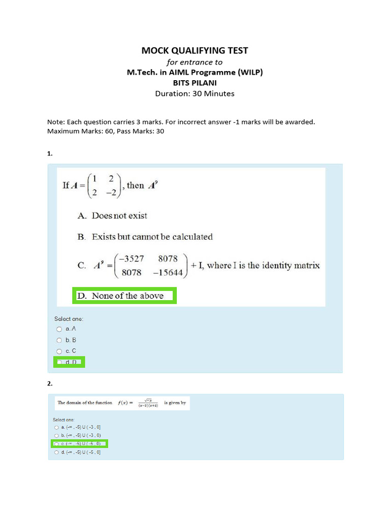M.Tech AIML Entrance Mock Test | PDF