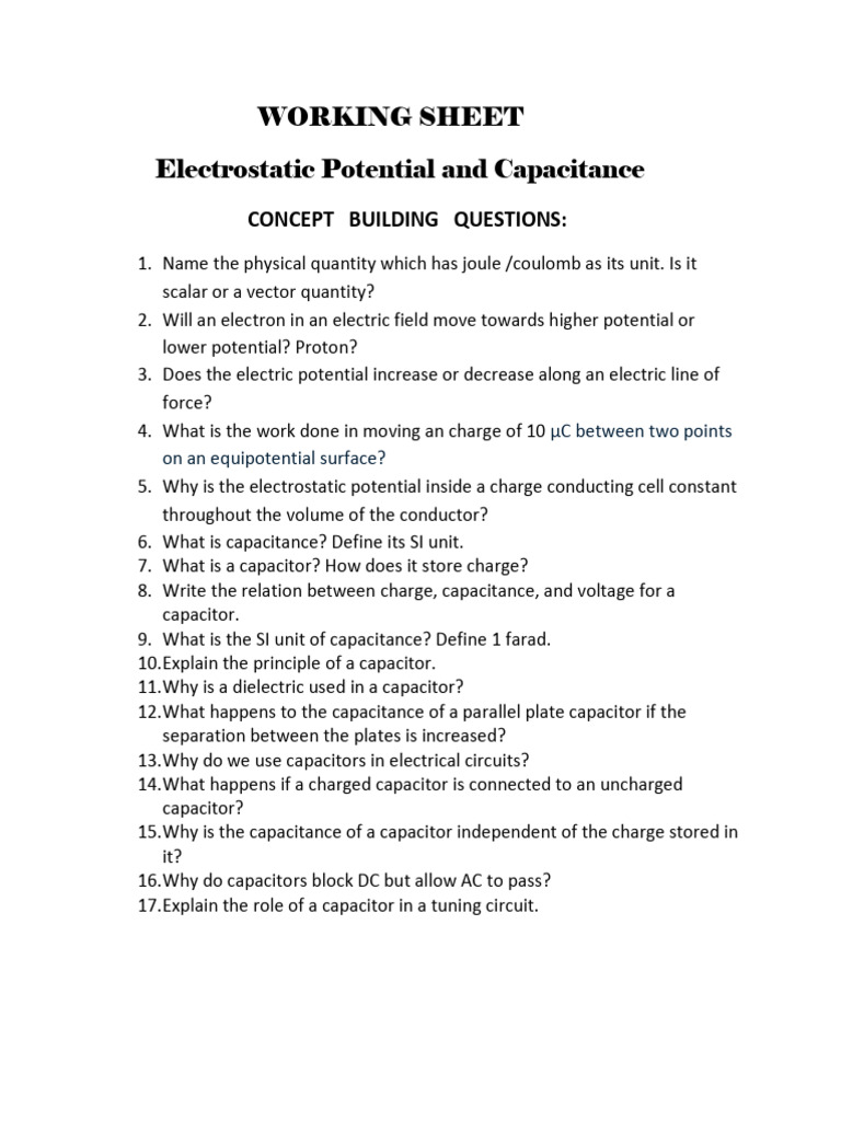 Working Sheet Physics Ch- Electric Potential and Capacitance Pds | PDF ...