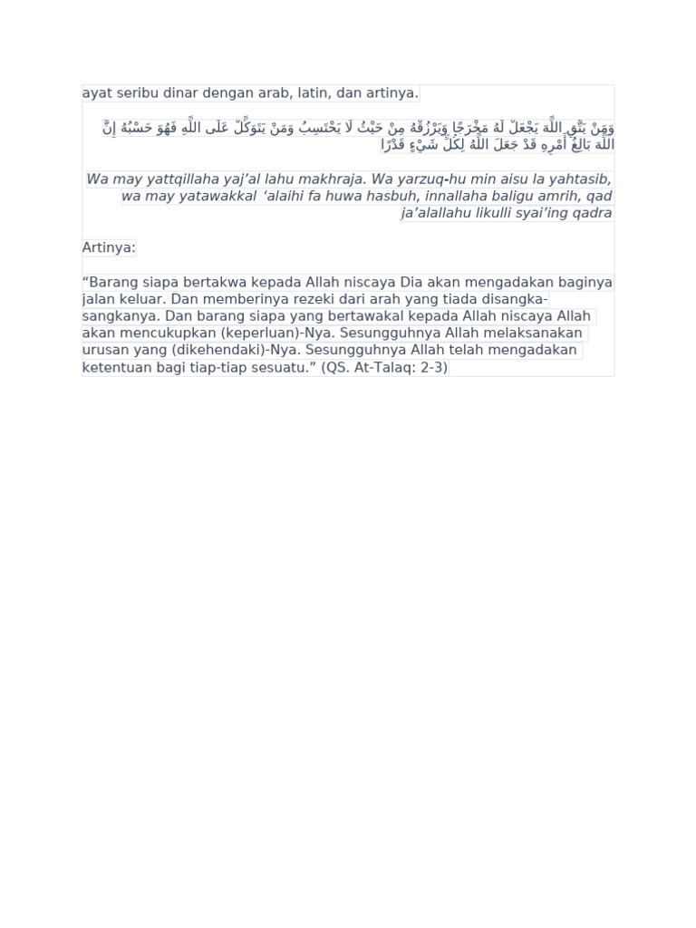 Ayat Seribu Dinar: Arab dan Artinya | PDF