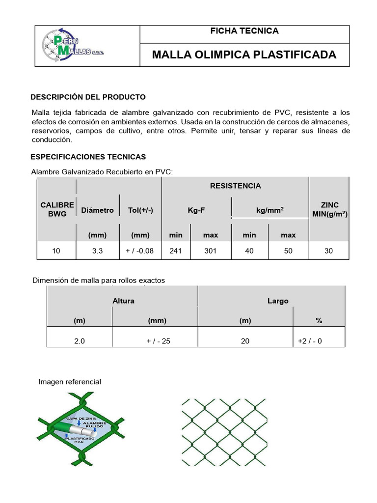Ficha Tecnica Malla Olimpica PVC | PDF