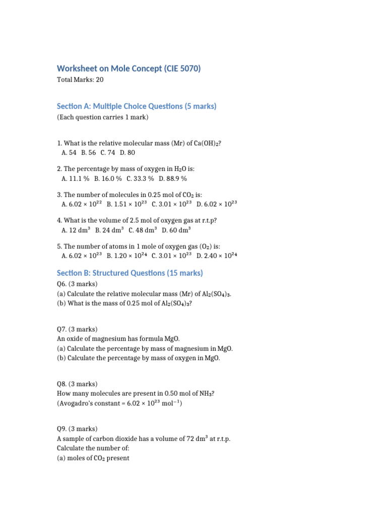 Mole Concept Worksheet | PDF