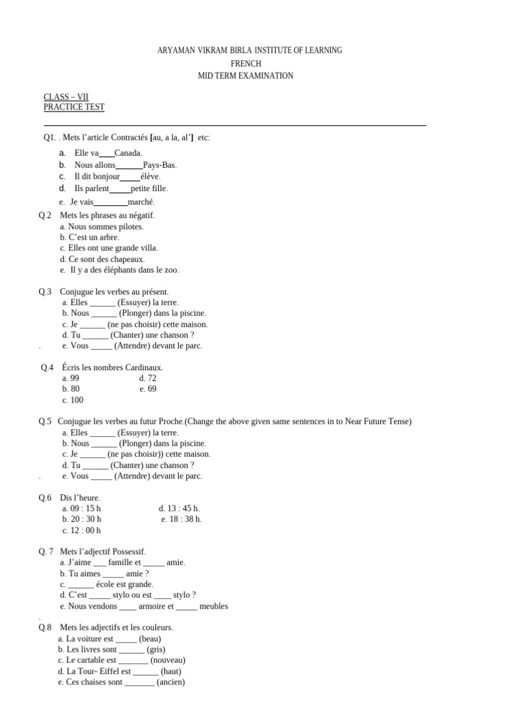 French Practice Test Class Vii 2025-26 | PDF | Linguistique | Syntaxe