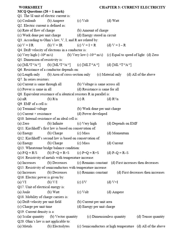 Current Electricity MCQs and Problems | PDF | Electric Current | Voltage