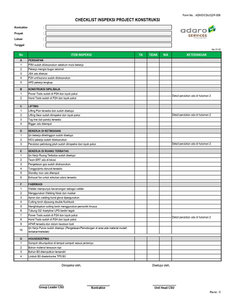 Checklist Keselamatan Proyek Konstruksi | PDF