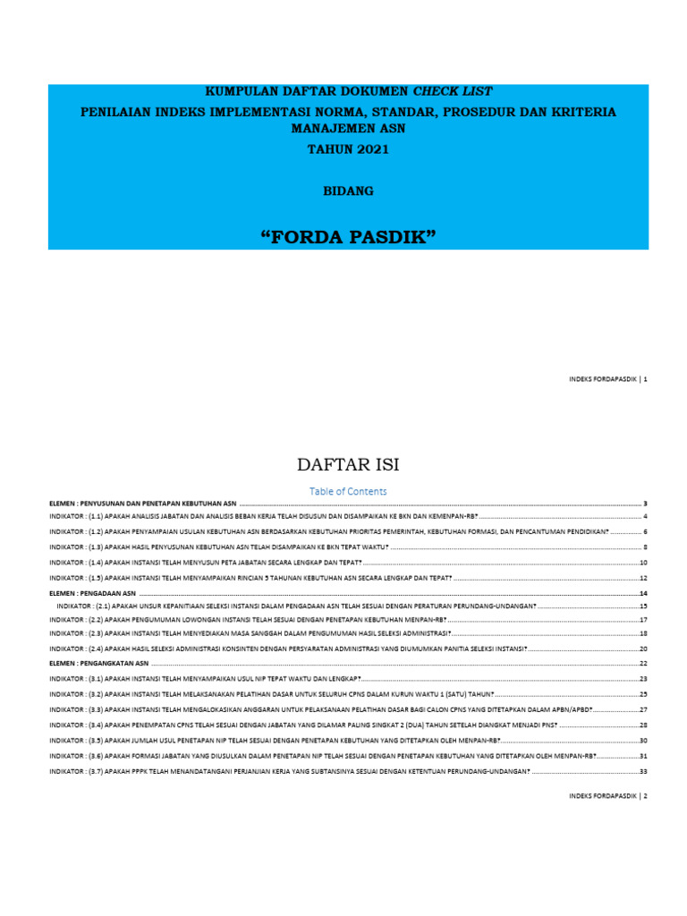 Checklist Penilaian Manajemen ASN 2021 | PDF