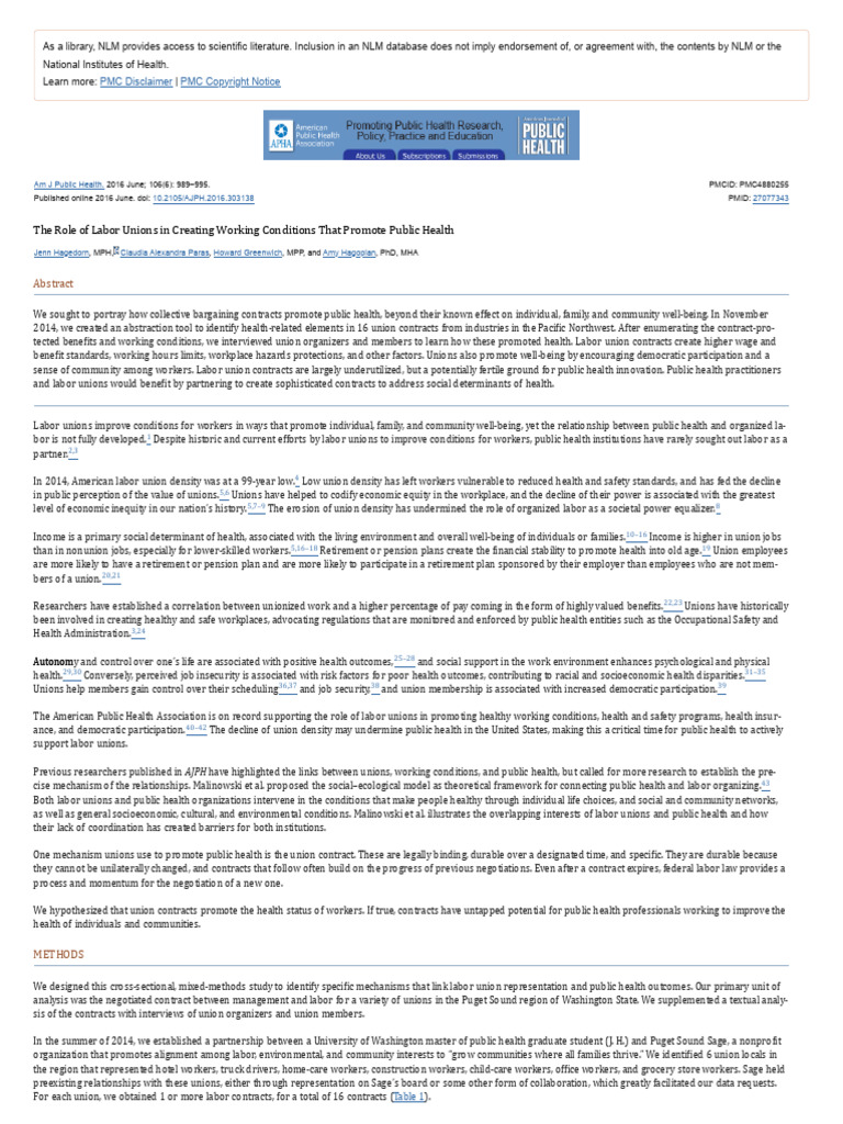 Labor Unions and Public Health Impact | PDF | Employment | Trade Union