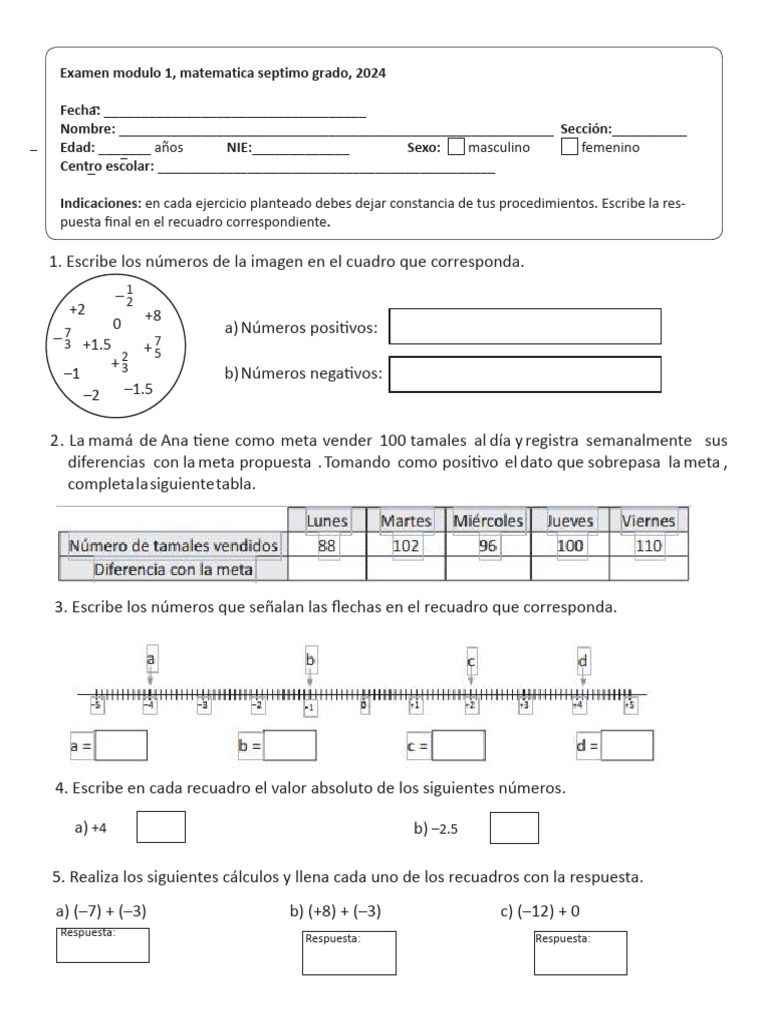 Examen de Matemáticas Séptimo Grado 2024 | PDF