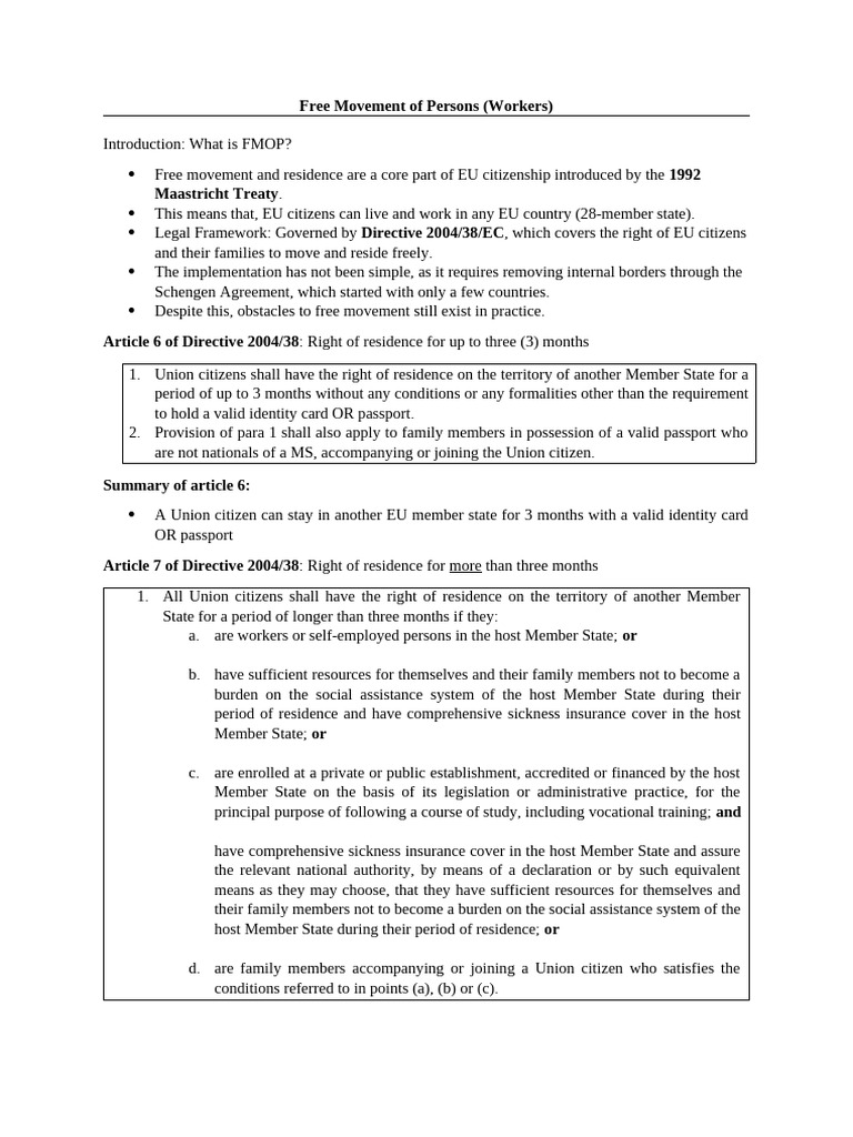 Free Movement of Persons (Workers) Note | PDF | Freedom Of Movement ...