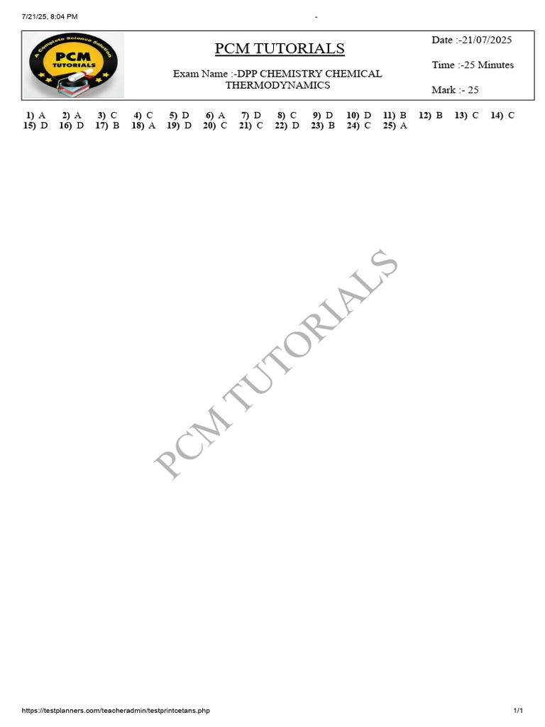 Answer Key-Dpp1 - Chemical Thermodynamics | PDF