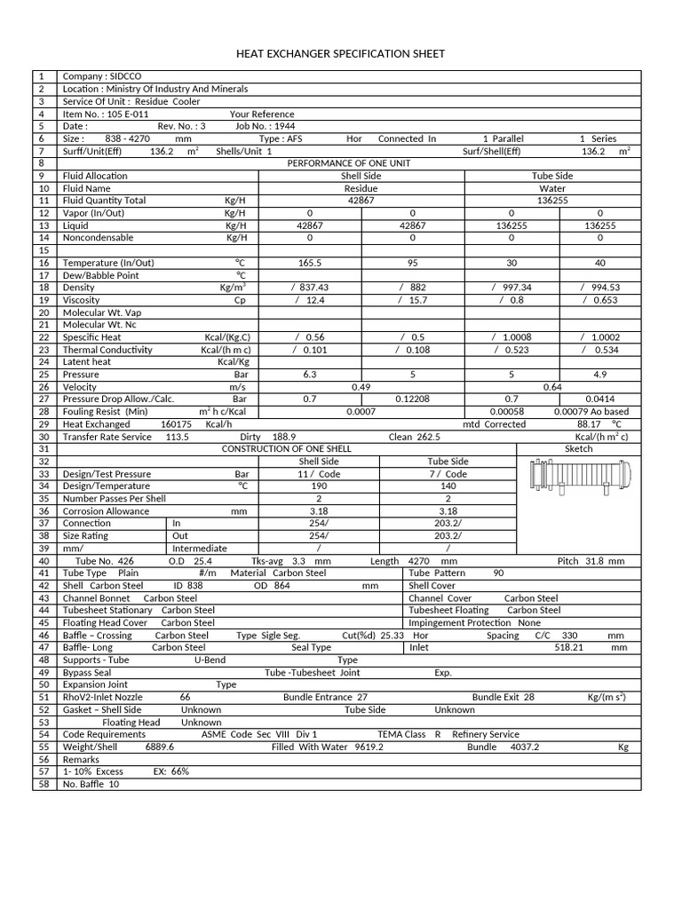 Heat Exchanger Specification Sheet | PDF | Heat Exchanger | Heat