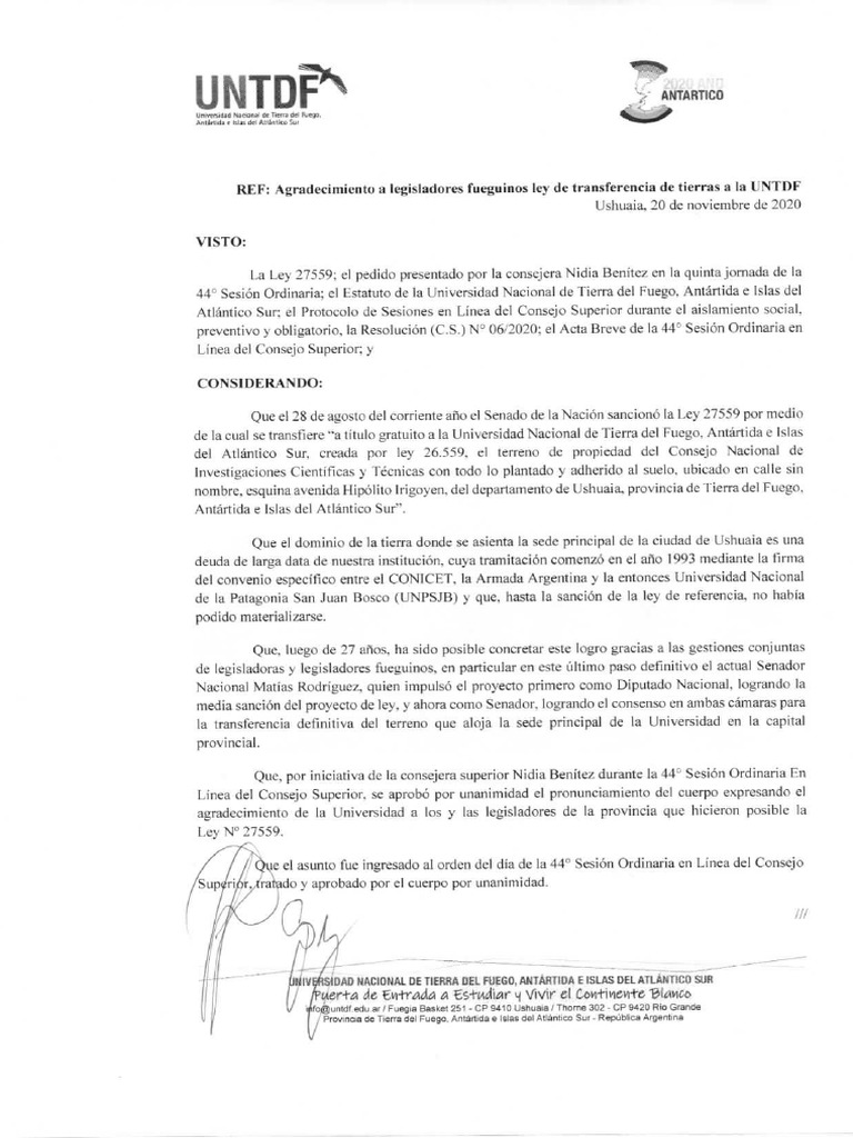Reso Cs 068-2020 Agradecimiento A Legisladores Fueguinos Ley de ...