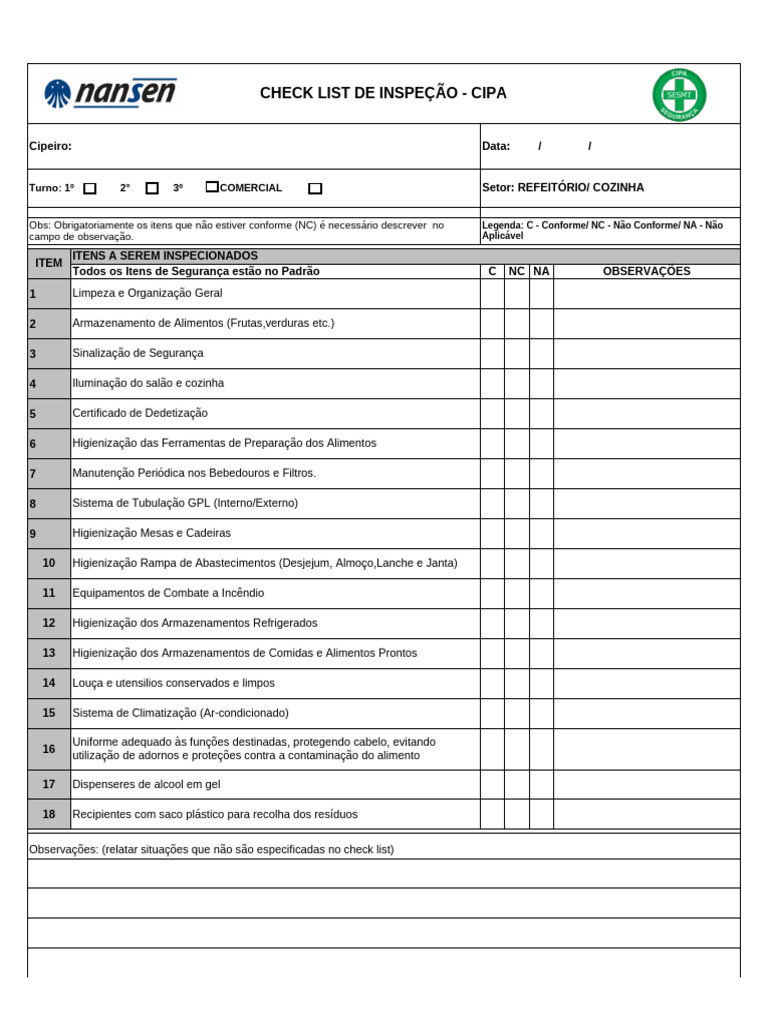 Check List de Inspeção CIPA Segurança | PDF