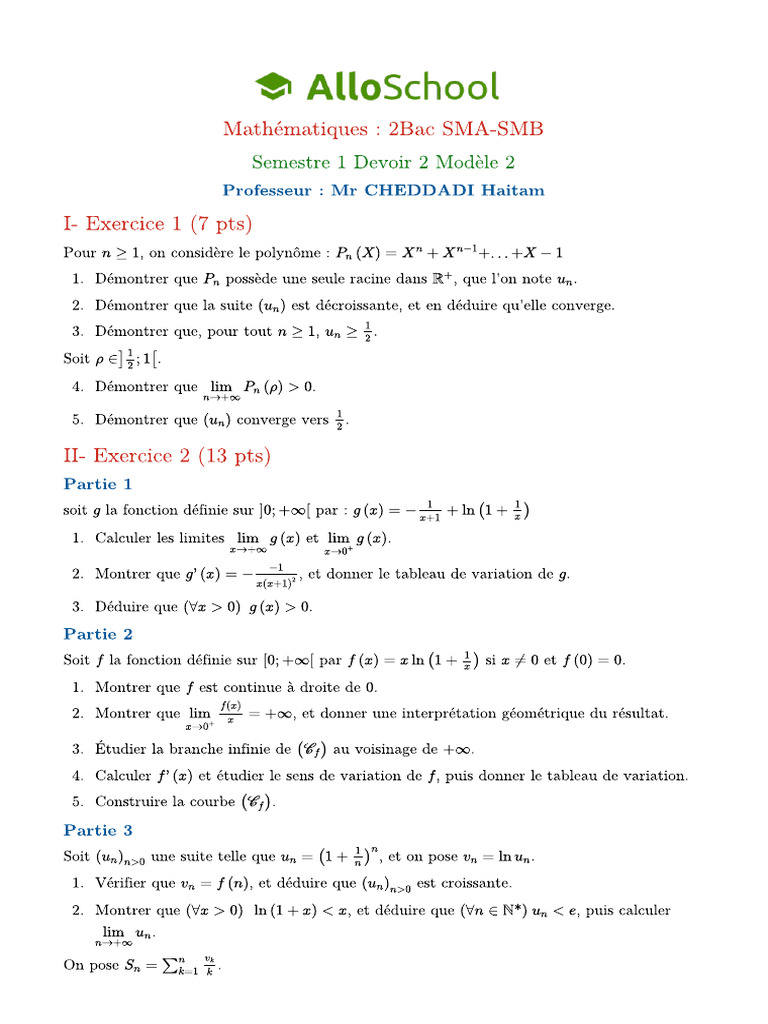 Maths 2bac SM Semestre 1 Devoir 2 Modele 2 1 | PDF