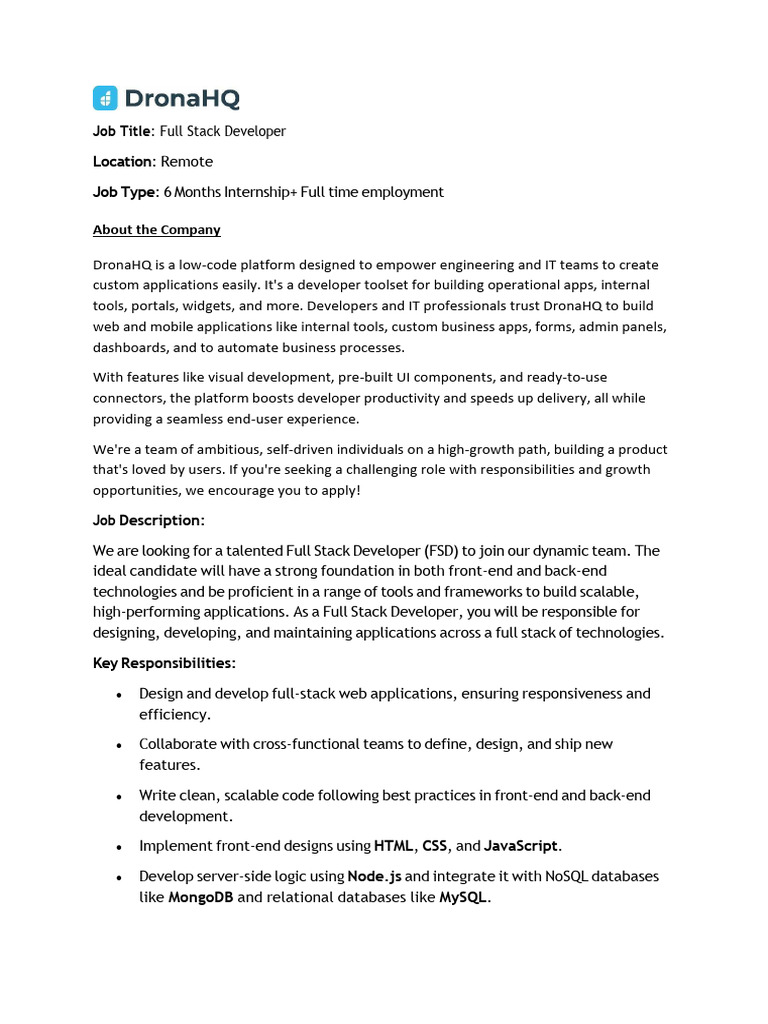 Job Description - Full Stack Developer - 2025 | PDF | Cloud Computing ...