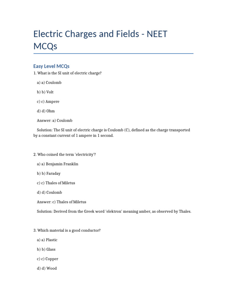 NEET MCQs on Electric Charges | PDF | Electric Charge | Electric Field