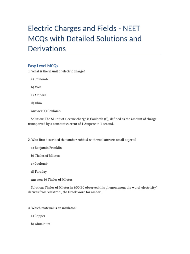 NEET MCQs on Electric Charges | PDF | Electric Charge | Electric Field
