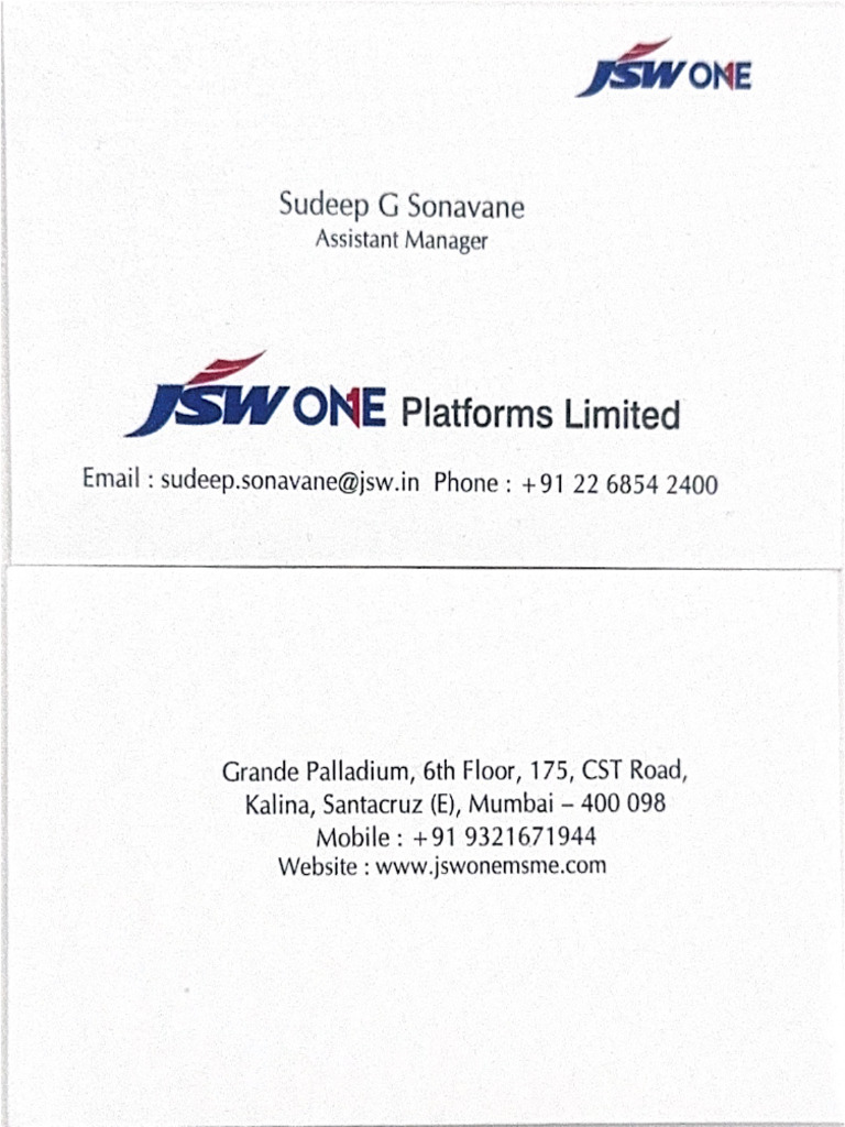 Sudeep Sonavane JSW One Business Card | PDF