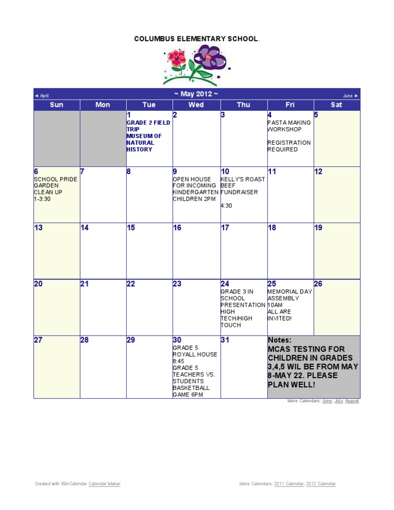 Columbus Elementary May 2012 Events Calendar | PDF