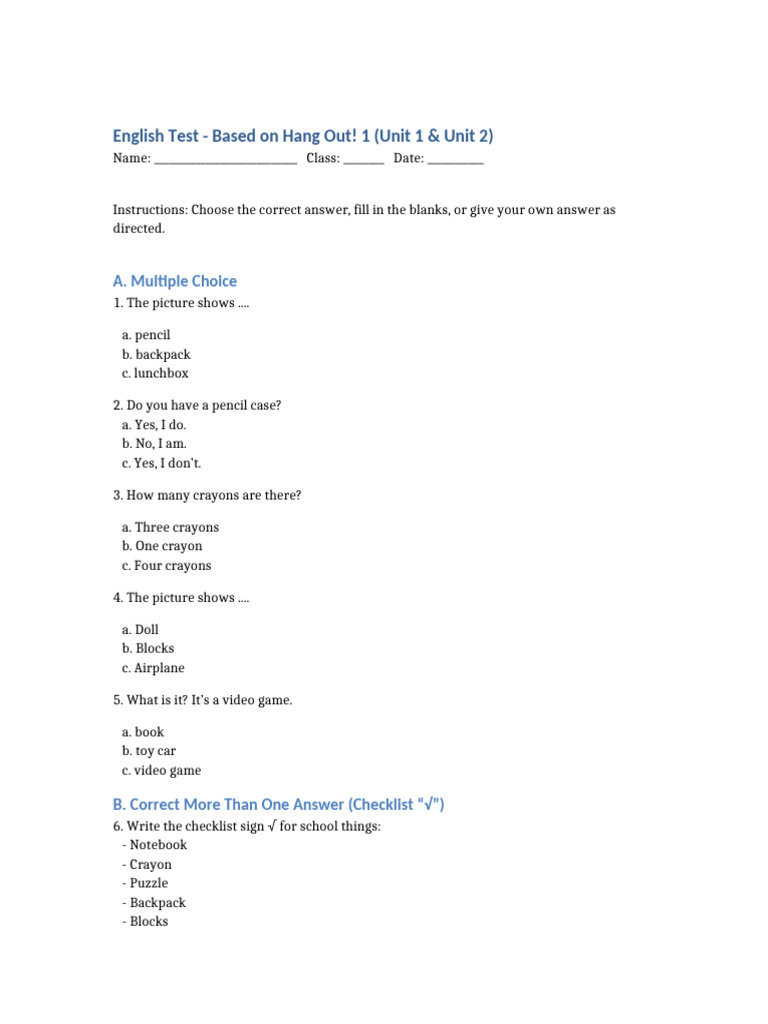 English Test for Hang Out! 1 Units 1 & 2 | PDF