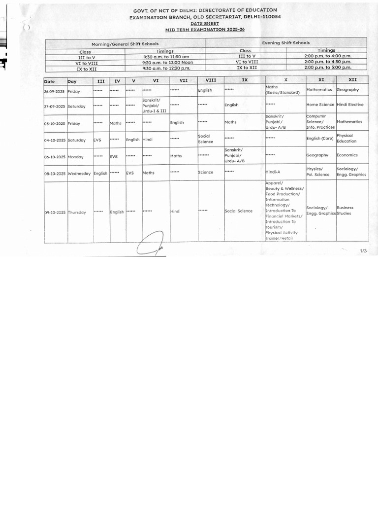 Delhi Mid Term Exam Date Sheet 2025-26 | PDF