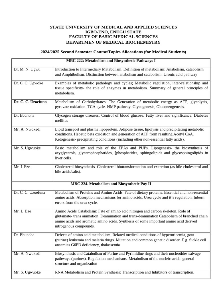 Second Semester Topics and Course Allocation For Medical Biochemistry Staff | PDF | Metabolism ...