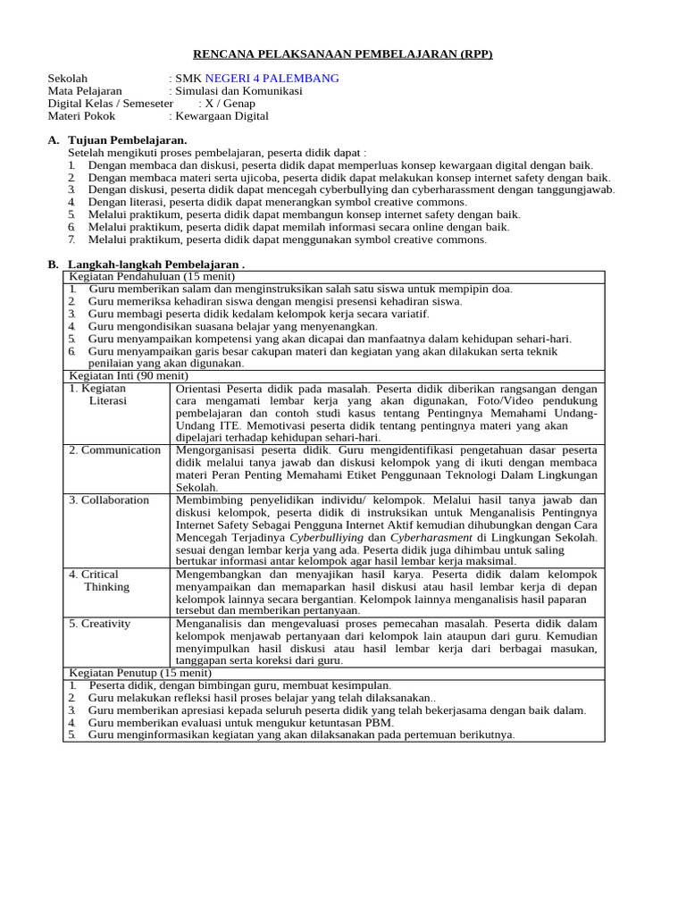 RPP Kewargaan Digital SMK Negeri 4 | PDF