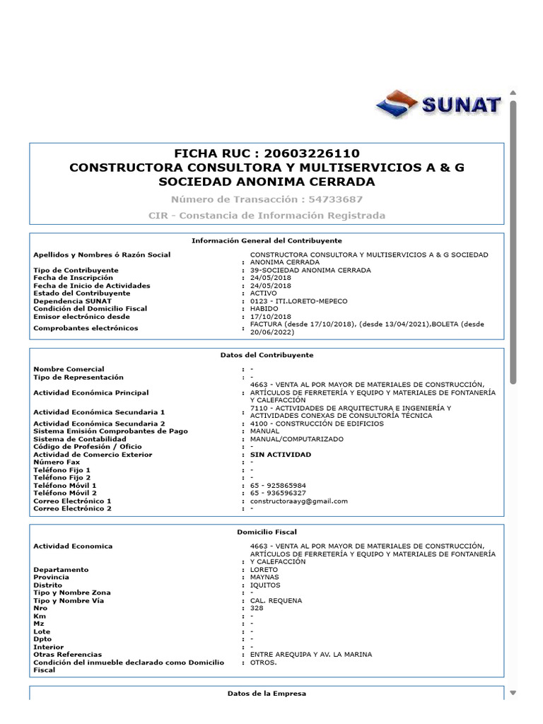 RUC 20603226110: Constructora A&G Iquitos | PDF | Industrias de ...