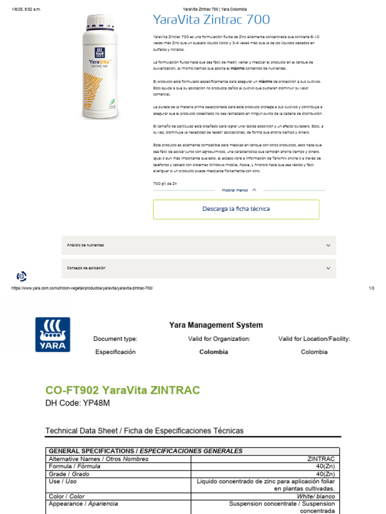 Ficha Técnica de YaraVita Zintrac 700 | PDF | Suspensión (Química ...