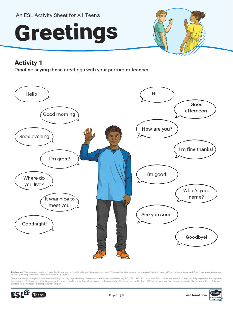 ESL Greetings Activity Sheet | PDF | English As A Second Or Foreign ...